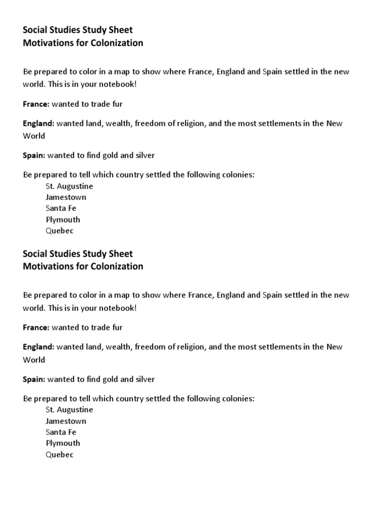 Study Sheet Motivations For Colonization | PDF | Social Science | History