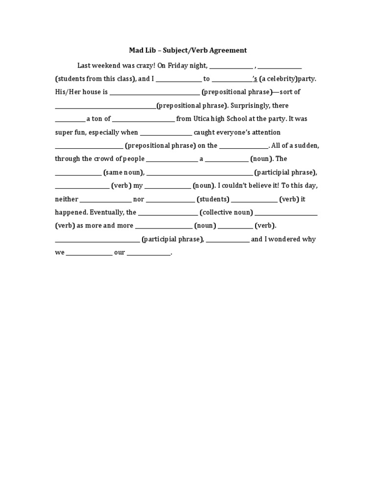 Fun Mad Libs on Subject/Verb Agreement | PDF