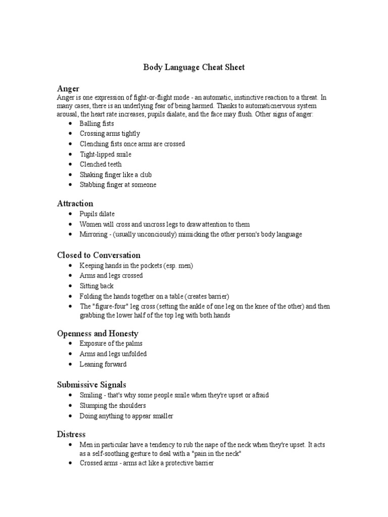 Body Language Cheat Sheet Anger | PDF