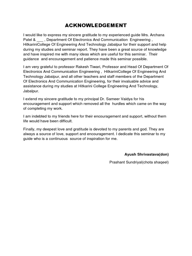 Acknowledgment for Seminar Report | PDF | Career & Growth
