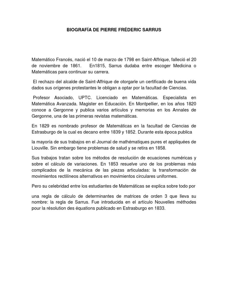 Biografía de Pierre Fréderic Sarrus | PDF