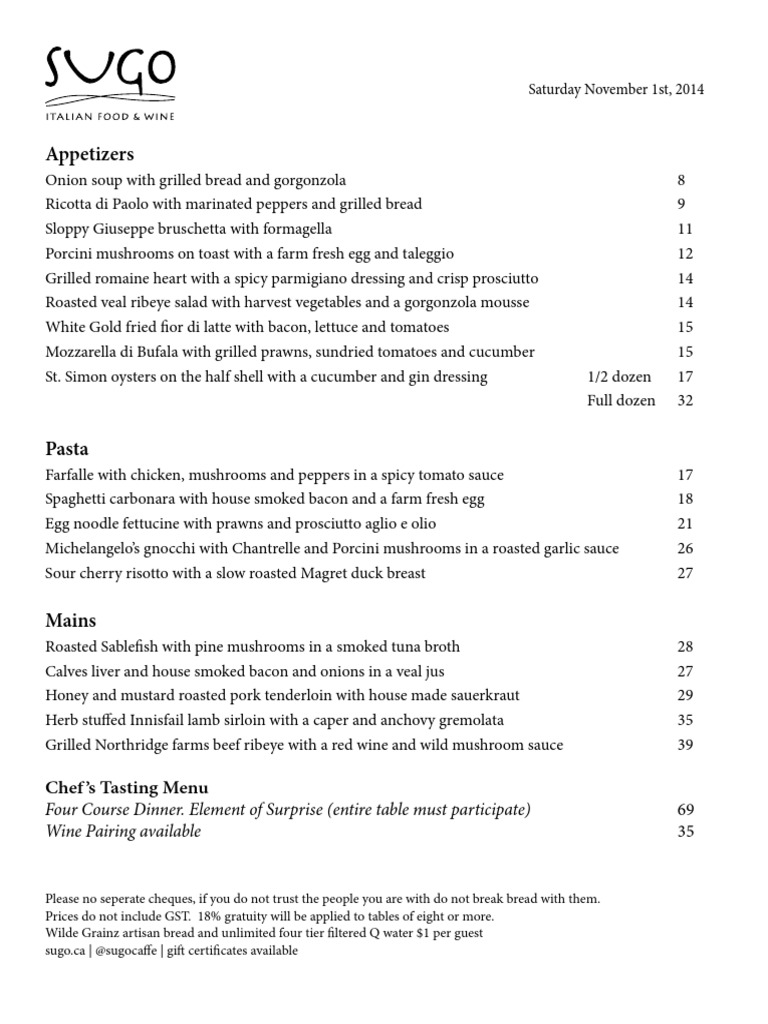 Sugo Dinner Menu | PDF