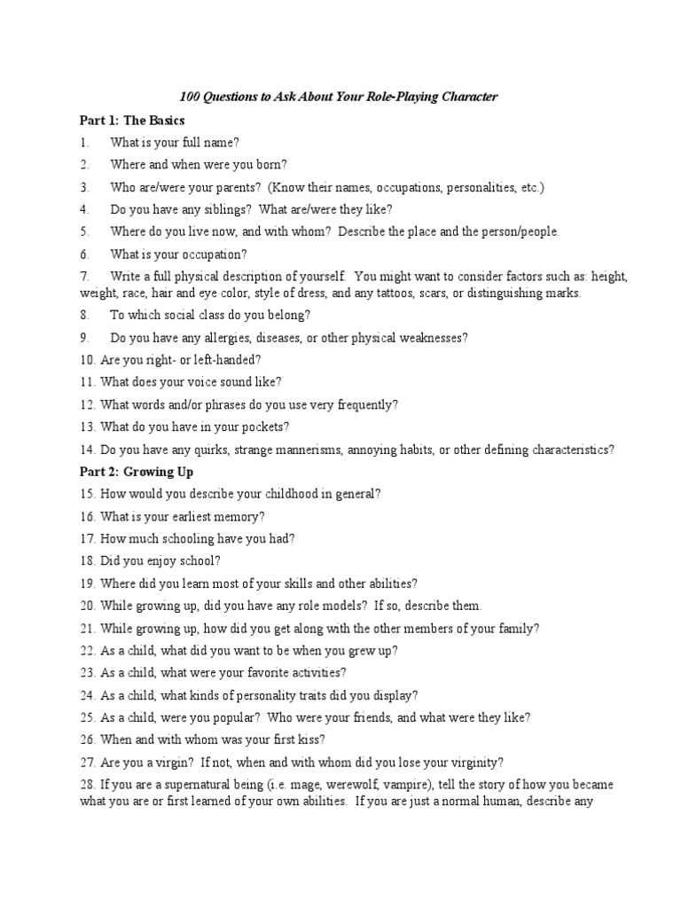 100 Questions for Your RPG Character | PDF | Psychology | Psychological ...