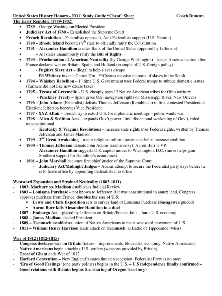 U S History Timeline Cheat Sheet | PDF | Thomas Jefferson | Federalist ...
