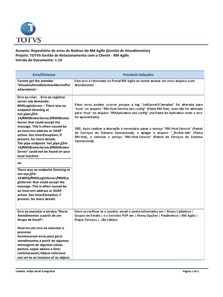 Repositorio de Erros de Rotinas Do RM Agilis | PDF | E-mail | SQL