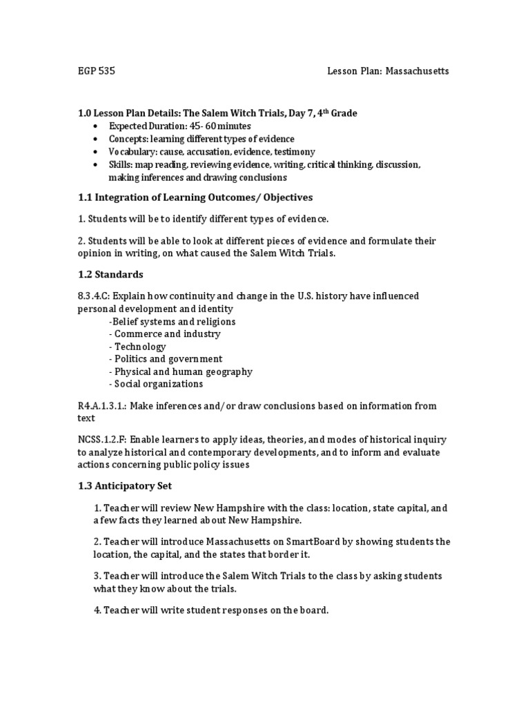 Salem Witch Trials Lesson Plan for 4th Grade | PDF | Lesson Plan ...