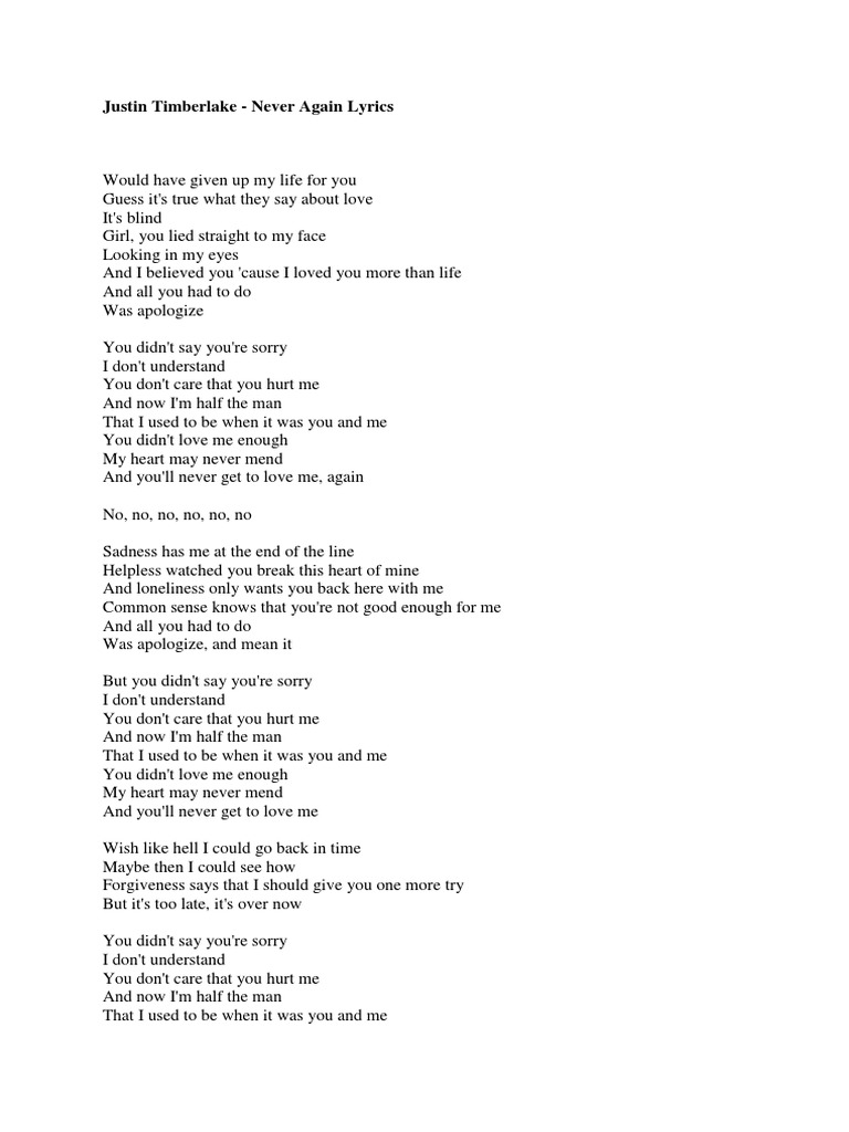 Justin Timberlake - Never Again Lyrics | PDF | Entertainment (General ...