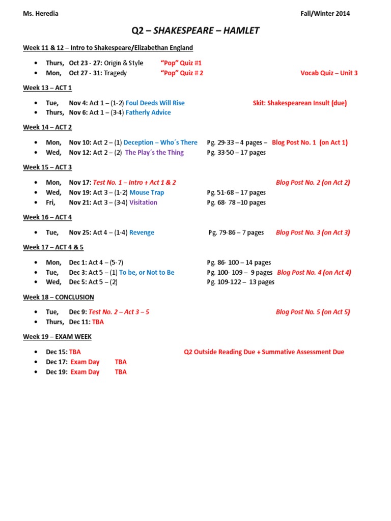 Hamlet Study Guide: Fall 2014 Schedule | PDF