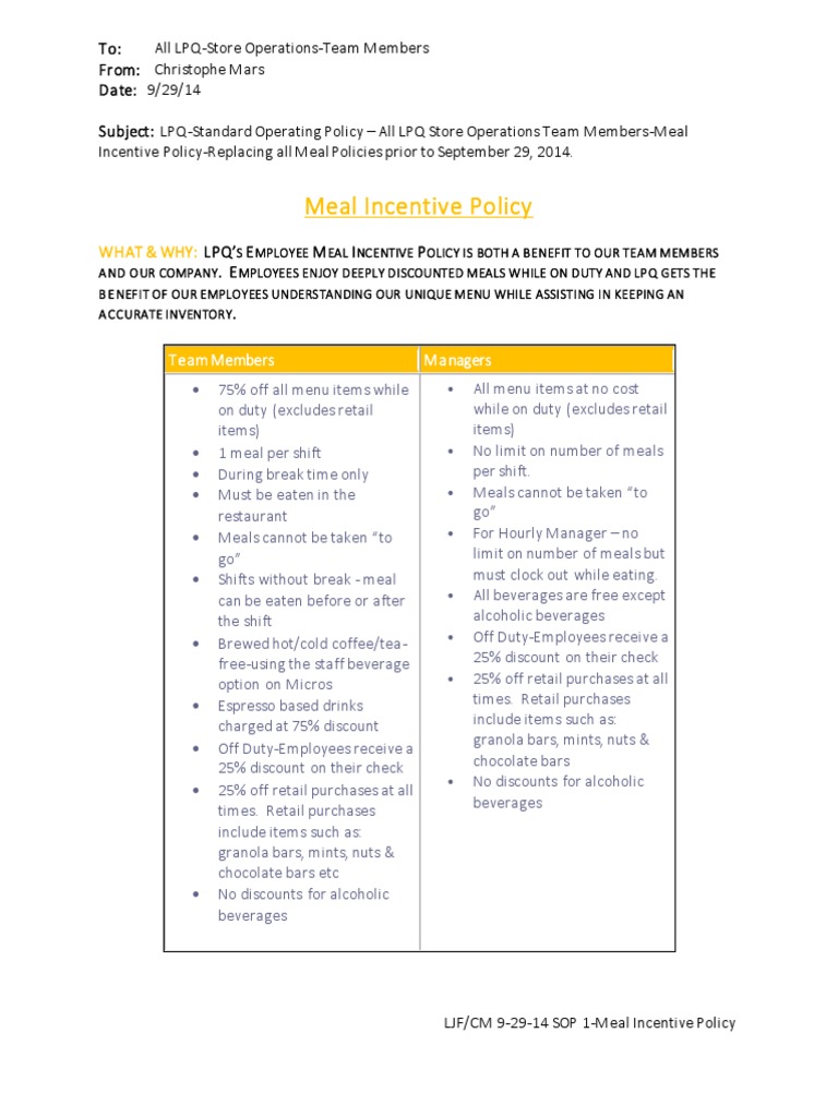 Meal Incentive Policy | PDF | Meal | Food And Drink