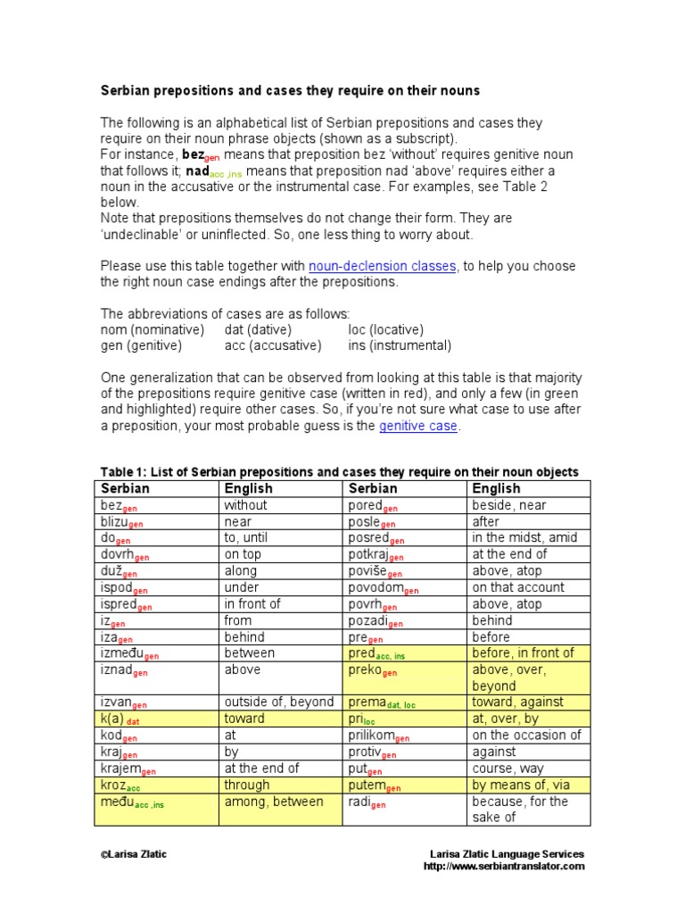 Serbian Prepositions and Required Cases | PDF | Language Arts & Discipline