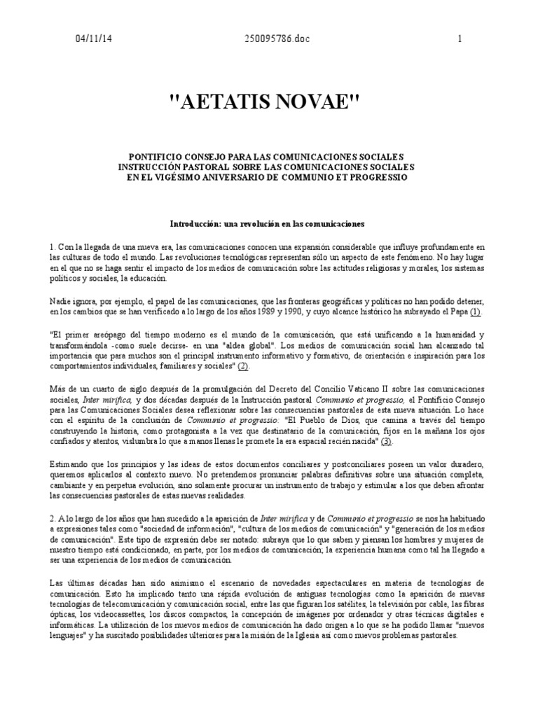 Aetatis Novae | PDF | Iglesia Católica | Medios de comunicación)
