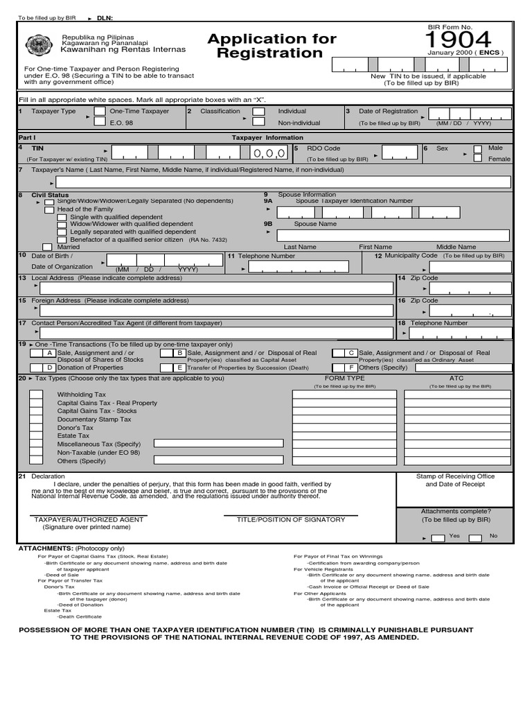 BIR Form 1904 for One-Time Taxpayers | PDF | Taxpayer | Capital Gains Tax