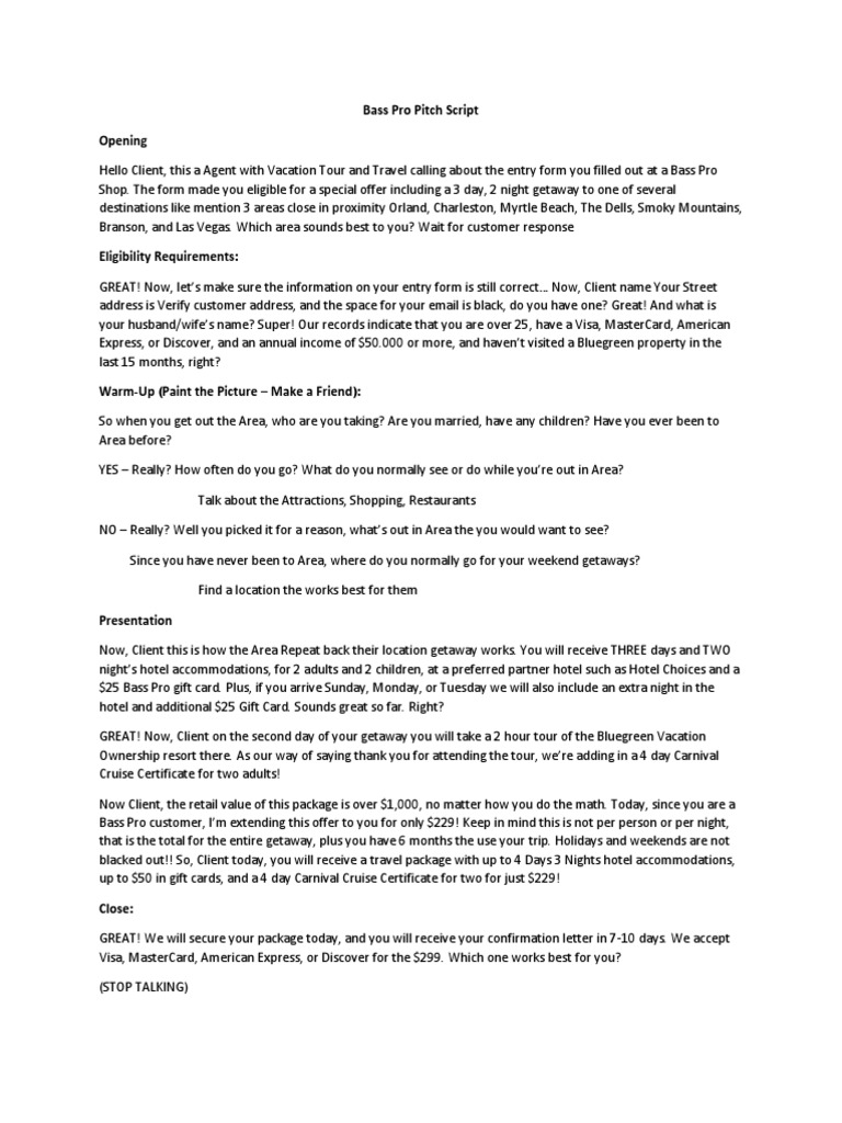 Bass Pro Pitch Script Opening | PDF | Resort | Hotel