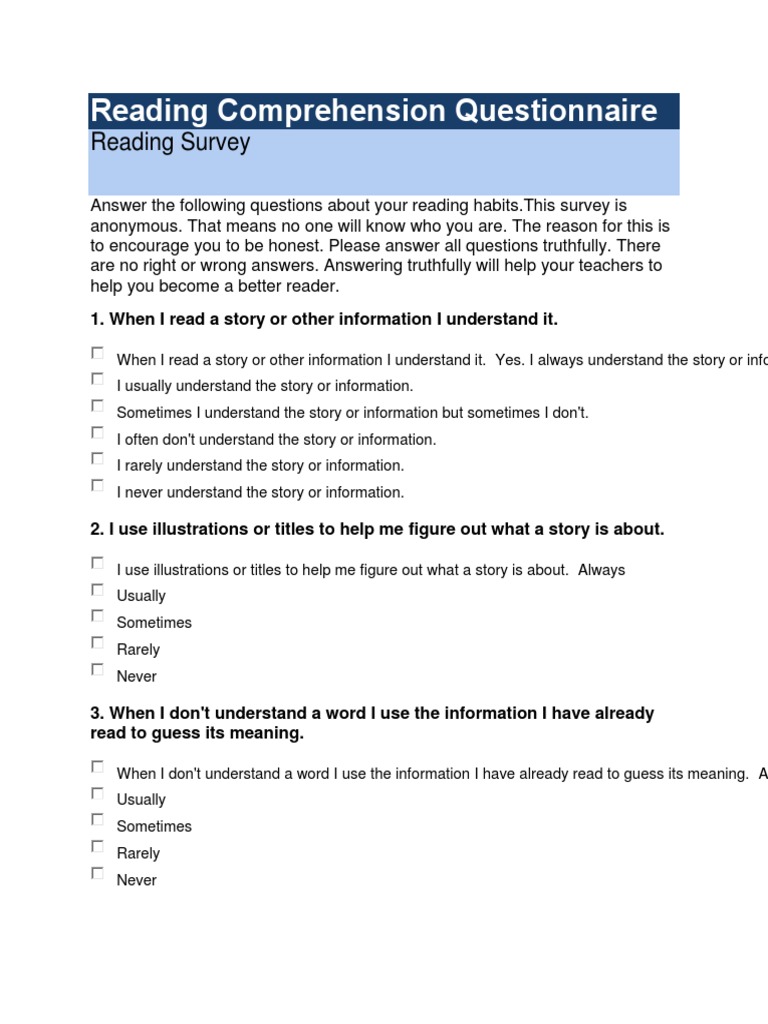 Assessing Reading Habits and Comprehension Strategies: Results from a ...