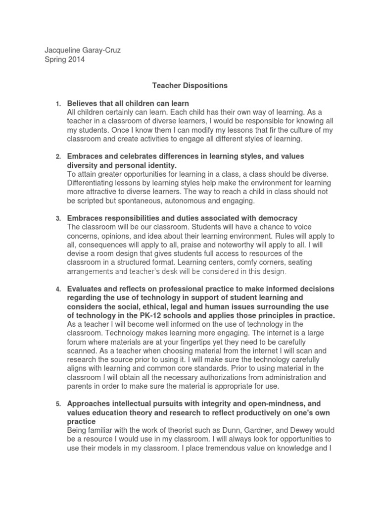 Teacher Dispositions | PDF | Classroom | Value (Ethics)