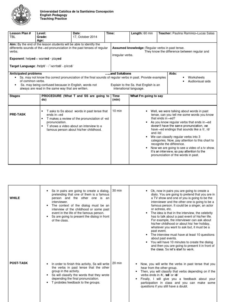 TBL Lesson Plan: Pronunciation of -ed | PDF | Lesson Plan | Grammatical ...