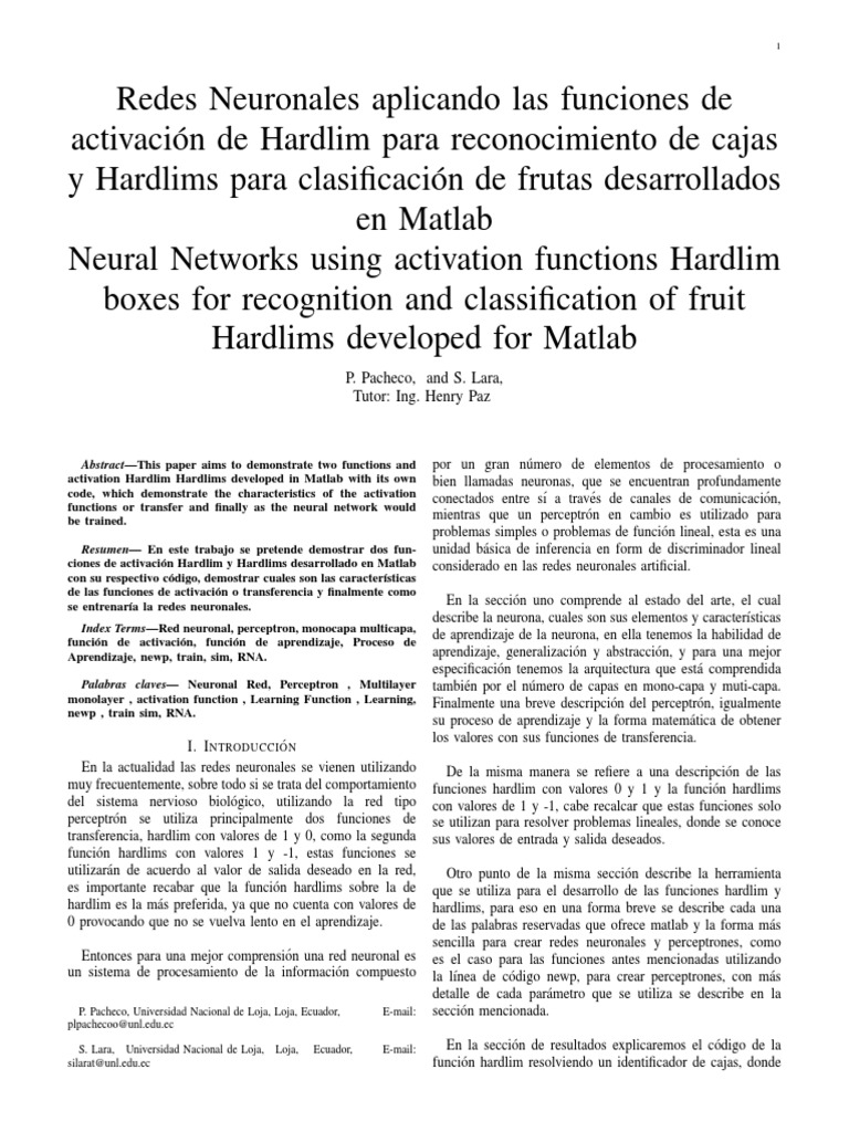 Funciones Hardlim y Hardlims en Matlab | PDF | Red neuronal artificial ...