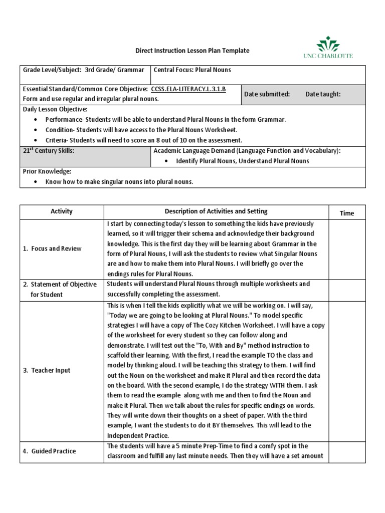 Direct Instruction Lesson Plan Template | PDF | Lesson Plan | Grammatical Number