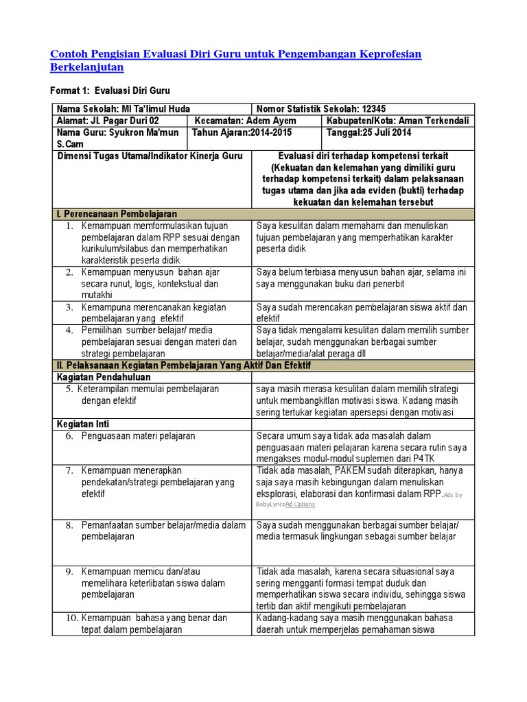 Contoh Pengisian Evaluasi Diri Guru Untuk Pengembangan Keprofesian ... Contoh Pengisian Evaluasi Diri Guru Untuk Pengembangan Keprofesian ...