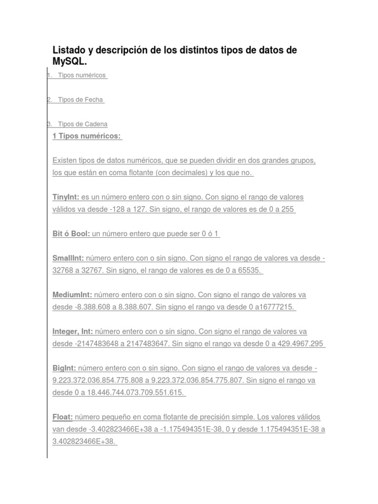 Listado y Descripción de Los Distintos Tipos de Datos de MySQL | PDF ...