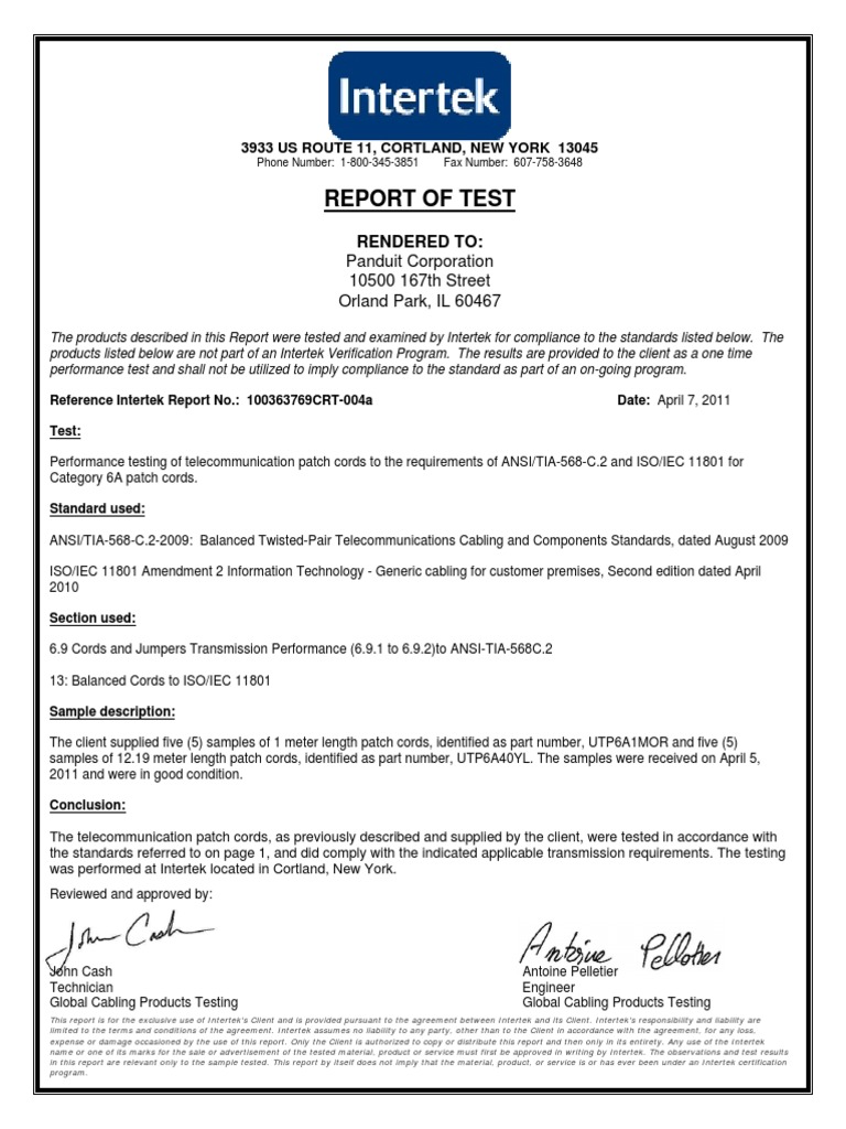 Intertek Test Report for UTP6A Patch Cords | PDF | Engineering | Science