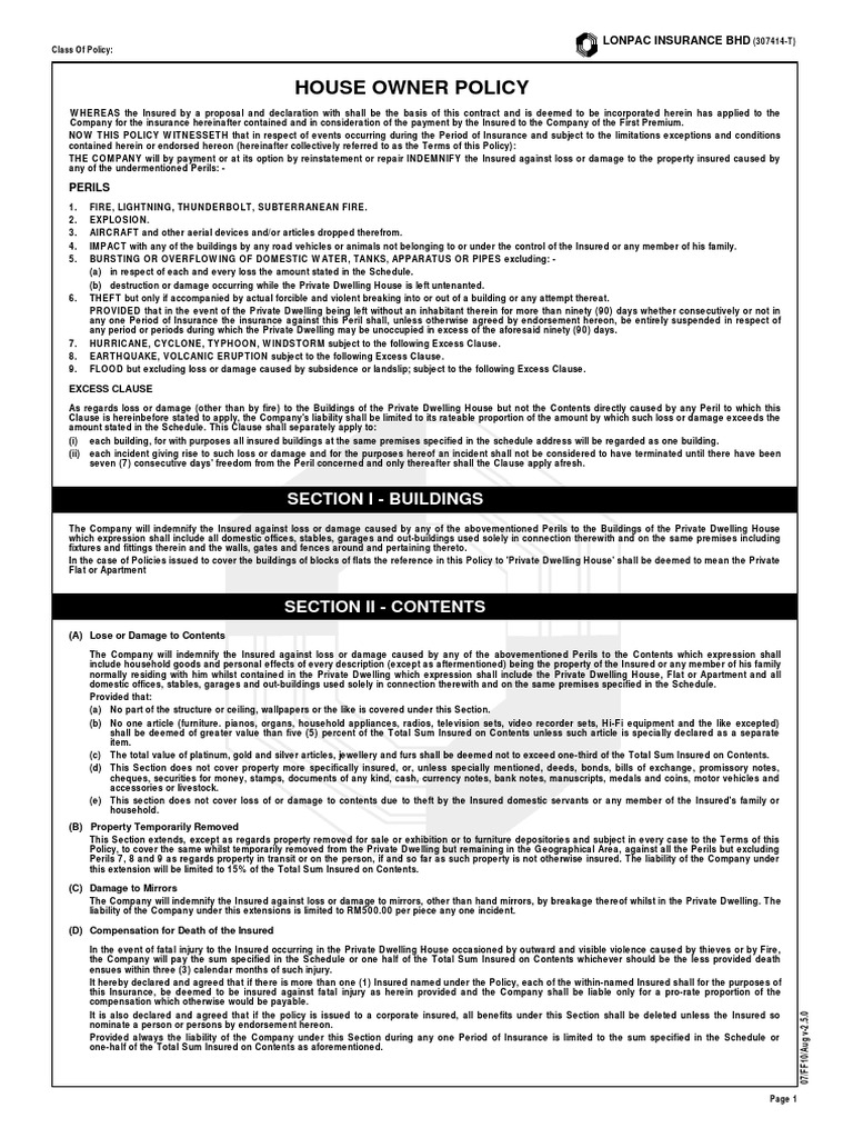 House Owner Policy: Section I - Buildings | PDF | Arbitral Tribunal ...