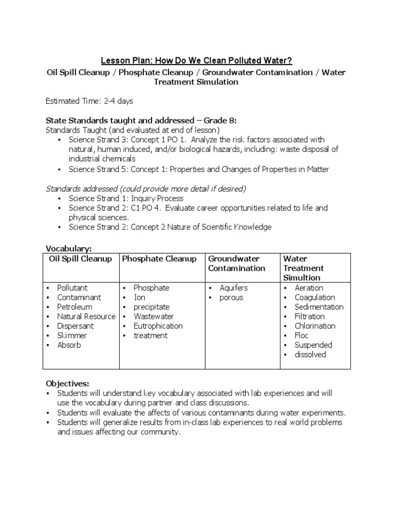 Lesson Plan: How Do We Clean Polluted Water? | PDF | Water Purification ...