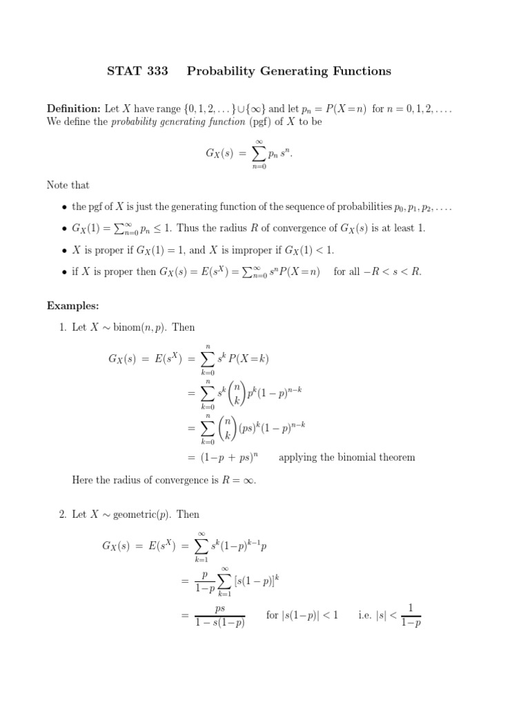Probability Generating Functions | PDF | Algebra | Analysis Probability Generating Functions | PDF | Algebra | Analysis