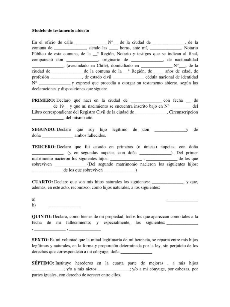 Modelo de Testamento Abierto | PDF | Voluntad y testamento | Herencia