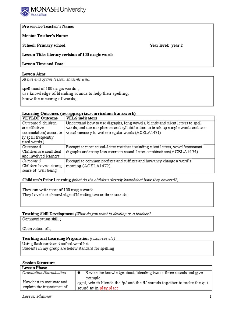 Monash Lesson Plan Template Edf5923 Doc Sound | PDF | Educational Assessment | Teachers