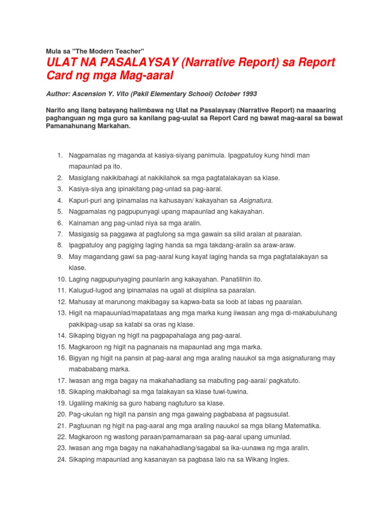 Ulat Pasalaysay Sa Report Card | PDF