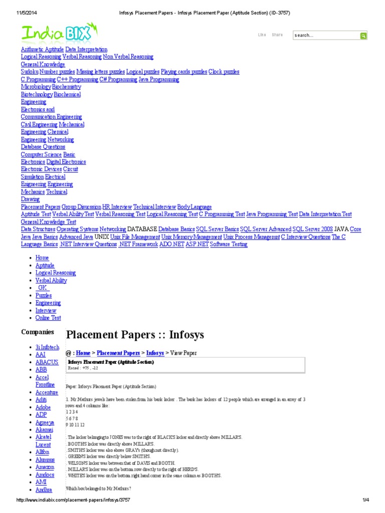 Infosys Placement Papers - Infosys Placement Paper (Aptitude Section) (ID-3757) | PDF ...