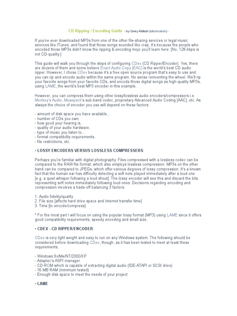 Cdex Exact Audio Copy (Eac) Cdex: CD Ripping / Encoding Guide | PDF | Data Compression | Mp3