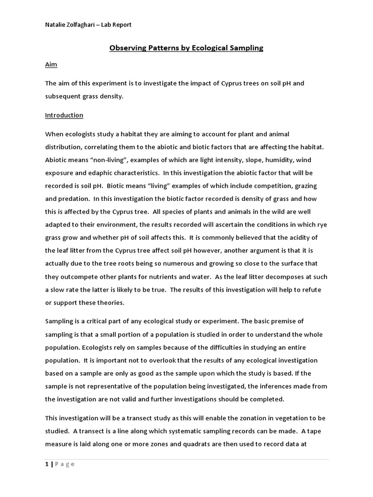 Observing Patterns by Ecological Sampling: Natalie Zolfaghari - Lab ...