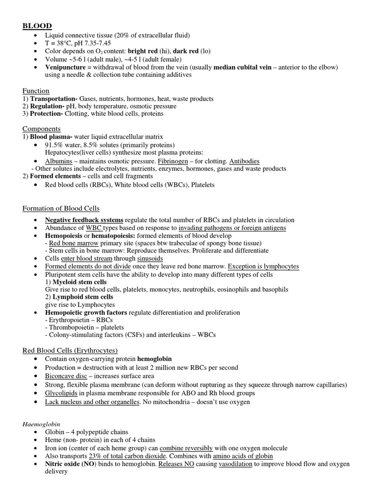 Blood Summary Notes | PDF | Coagulation | White Blood Cell