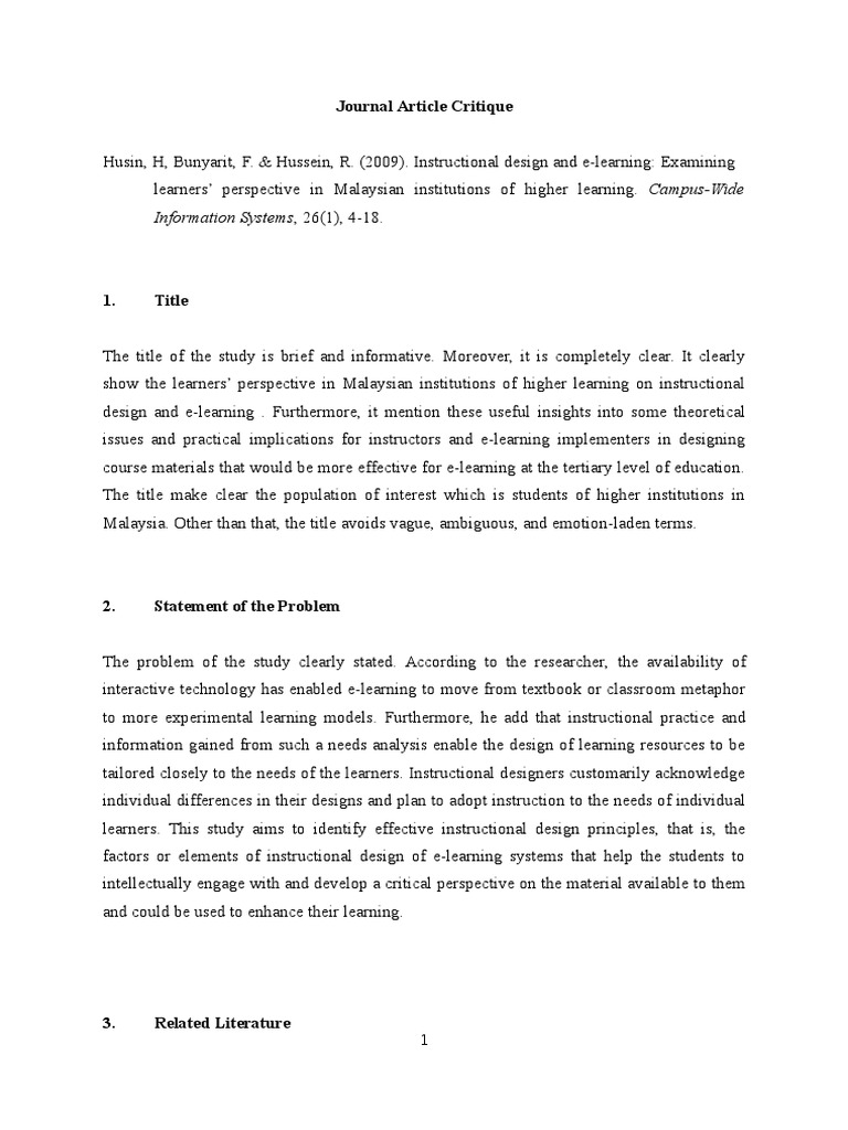 Journal Article Critique | PDF | Instructional Design | Educational ...