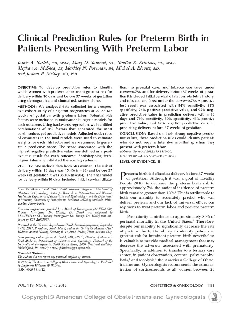 App Acog 2012 | Preterm Birth | Sensitivity And Specificity