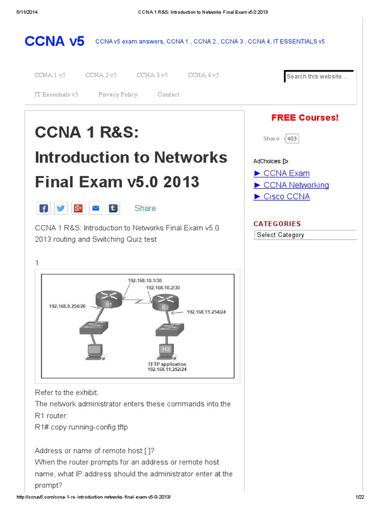 Ccna 1 R&S: Introduction To Networks Final Exam v5.0 2013 | PDF | Network Switch | Computer Network