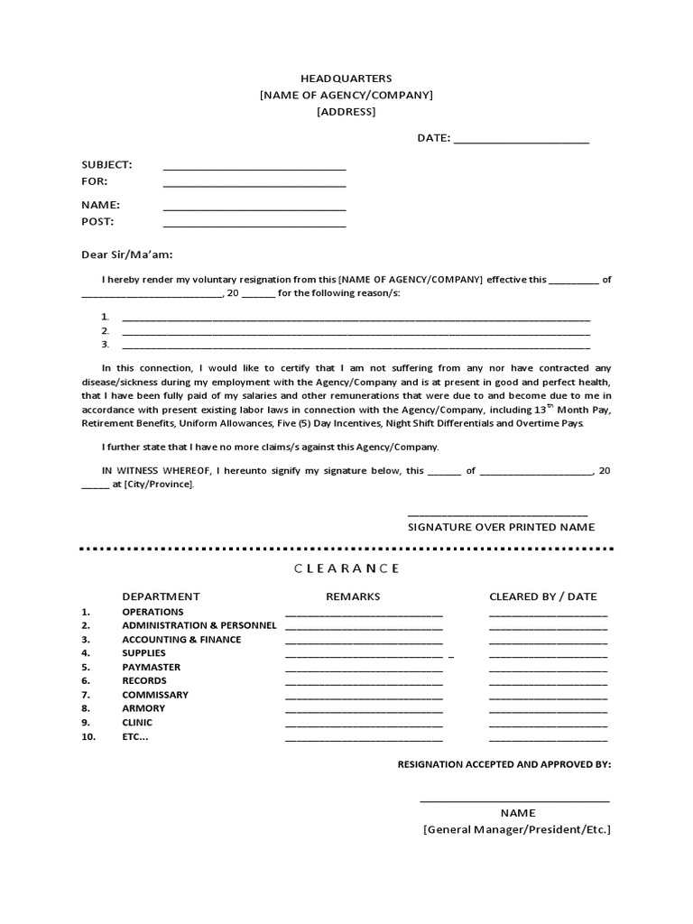 Sample Form of Voluntary Resignation | PDF