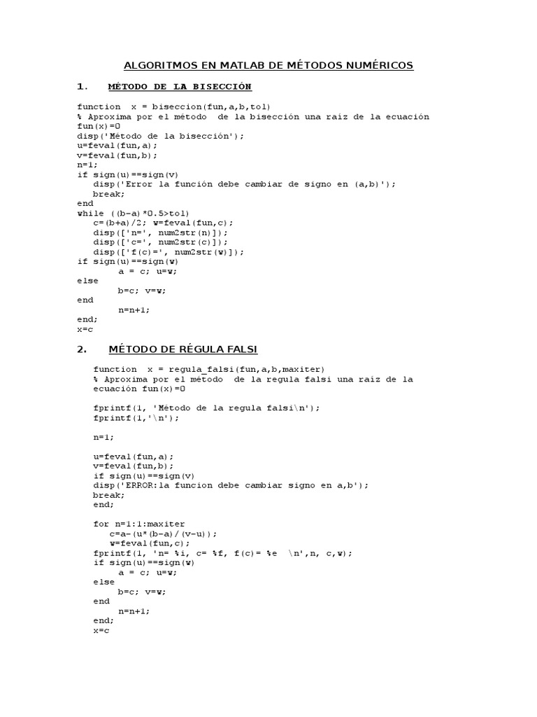 Algoritmos en Matlab de Métodos Numéricos | PDF | Iteración | Integral