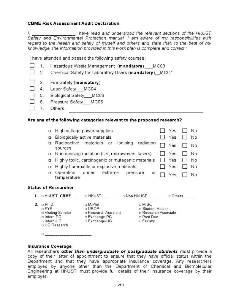 CBME Risk Assessment Audit Declaration Form | PDF | Laboratories | Safety