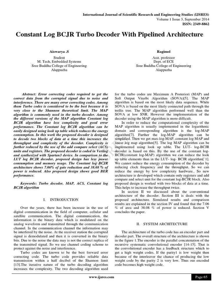 Constant Log BCJR Turbo Decoder With Pipelined Architecture | PDF | Forward Error Correction ...