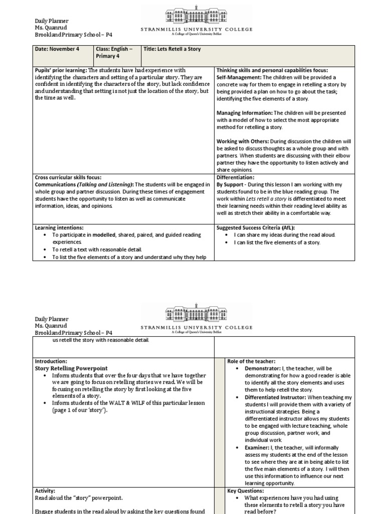 Story Retelling Lesson Plan | PDF