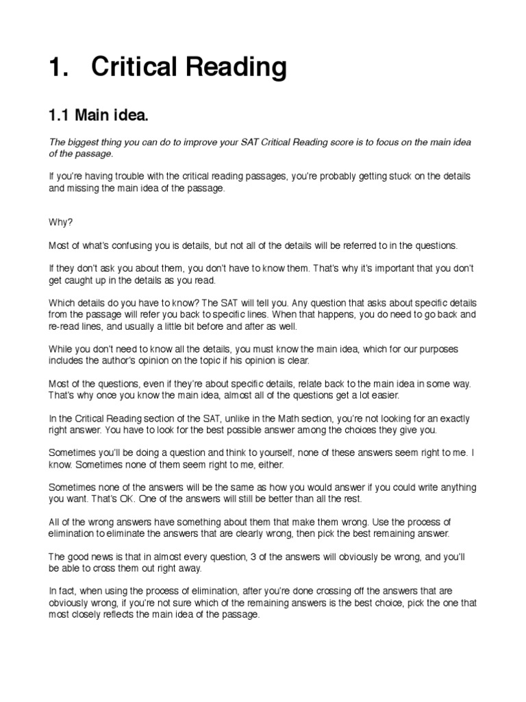 SAT Critical Reading Tips | PDF | Sat | Plato