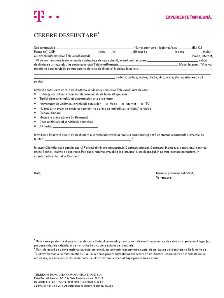 Cerere Reziliere Desfiintare Client Persoana Fizica Telekom Romania T | PDF