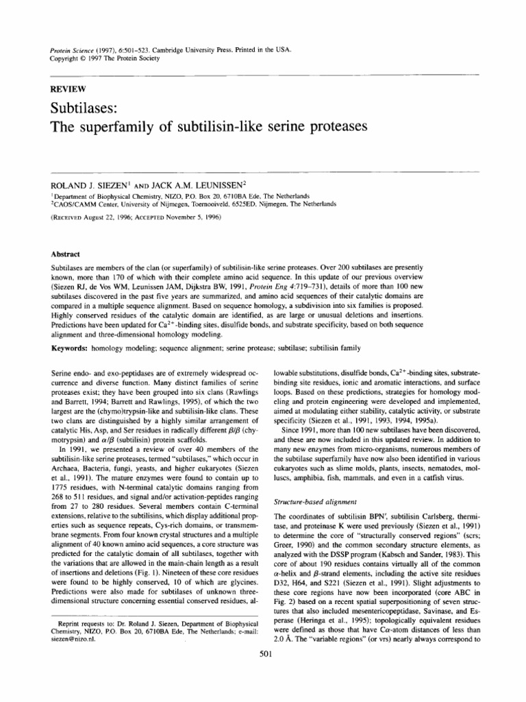 Siezen, 1997, Subtilase | PDF | Protein Domain | Molecular Biophysics