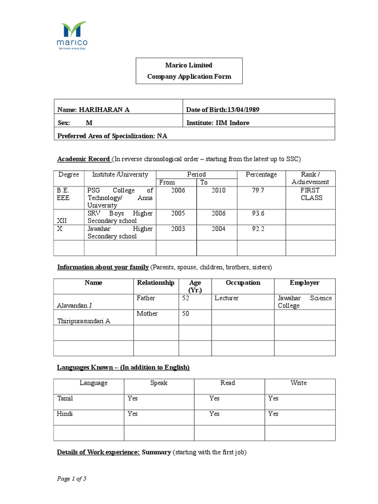 Marico Application Form | PDF | Taekwondo