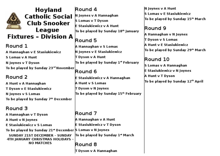 Snooker League Fixtures 2023 | PDF