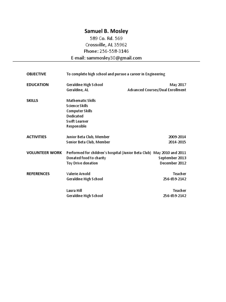 High School Resume of Samuel B. Mosley | PDF | Career & Growth | Social ...