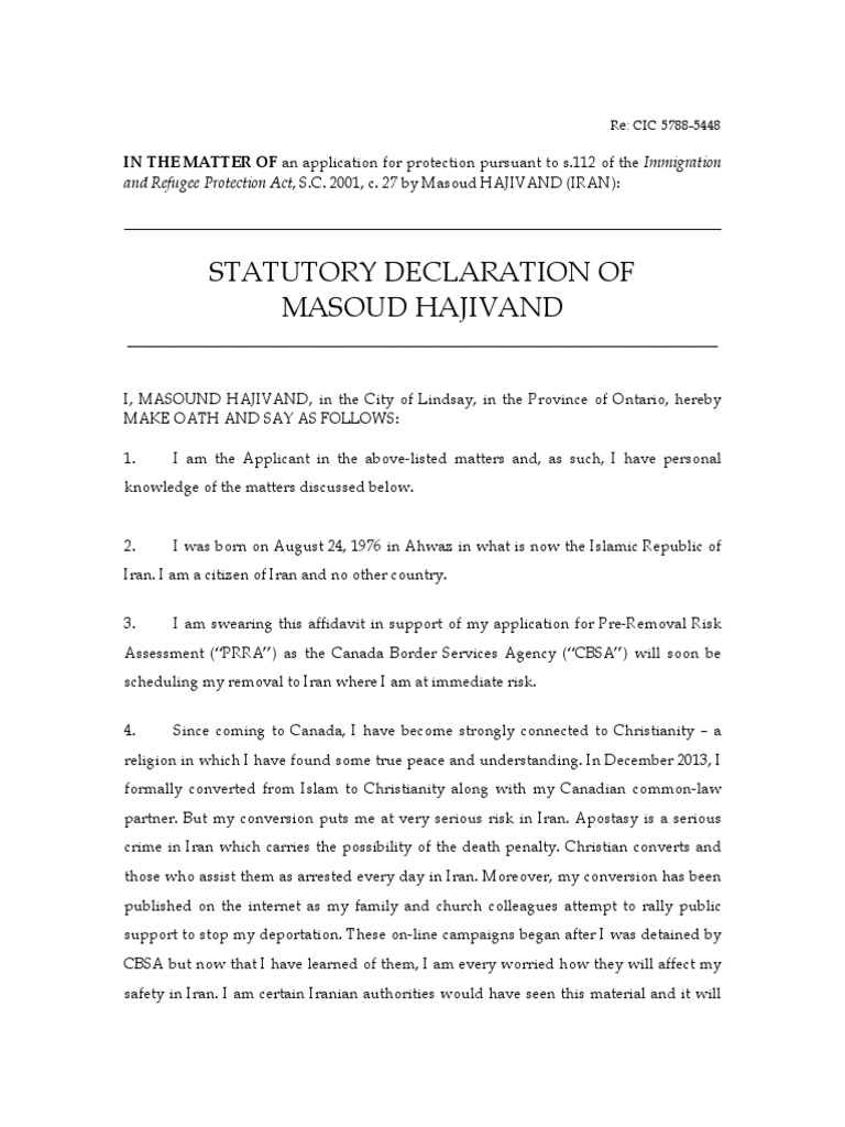 Masoud Hajivand's PRRA Application | PDF | Baptism | Religious Conversion